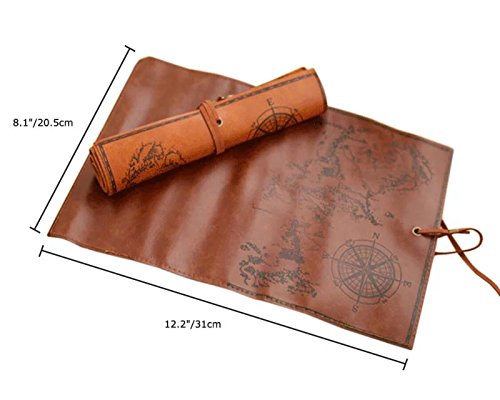 ANTIMAX Vintage Roll Up Pencil Case Creative Map Matte Smooth Cover Pencil Pouch Art Makeup Cosmetic Pouch with Pendant for Business School Gifts Smooth Light Brown