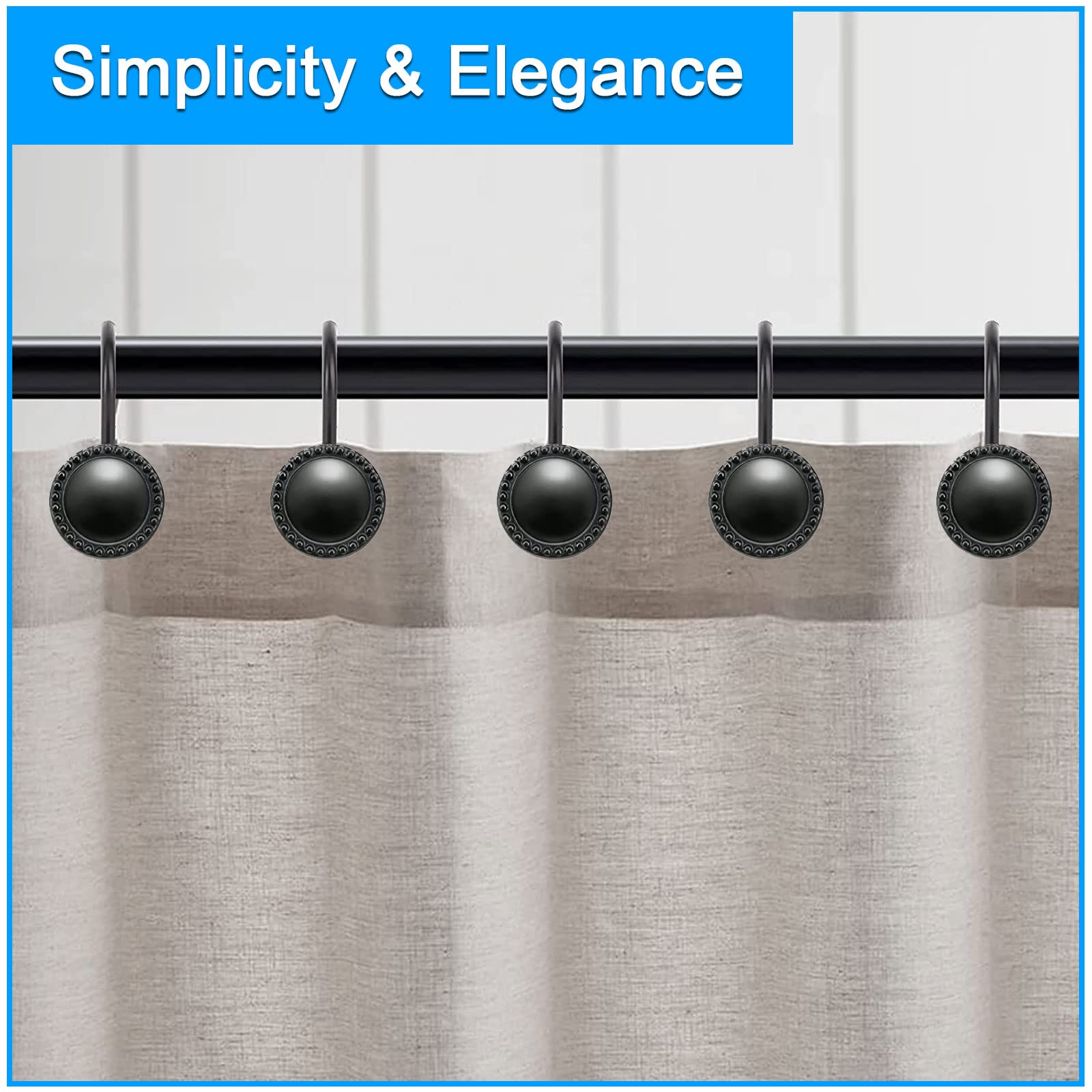 Rustproof Antique Decorative Shower Curtain Rings, Shower Curtain Hooks Oil Rubbed Bronze Pack of 12 for Bathroom Shower Rods Curtains Home (Black)