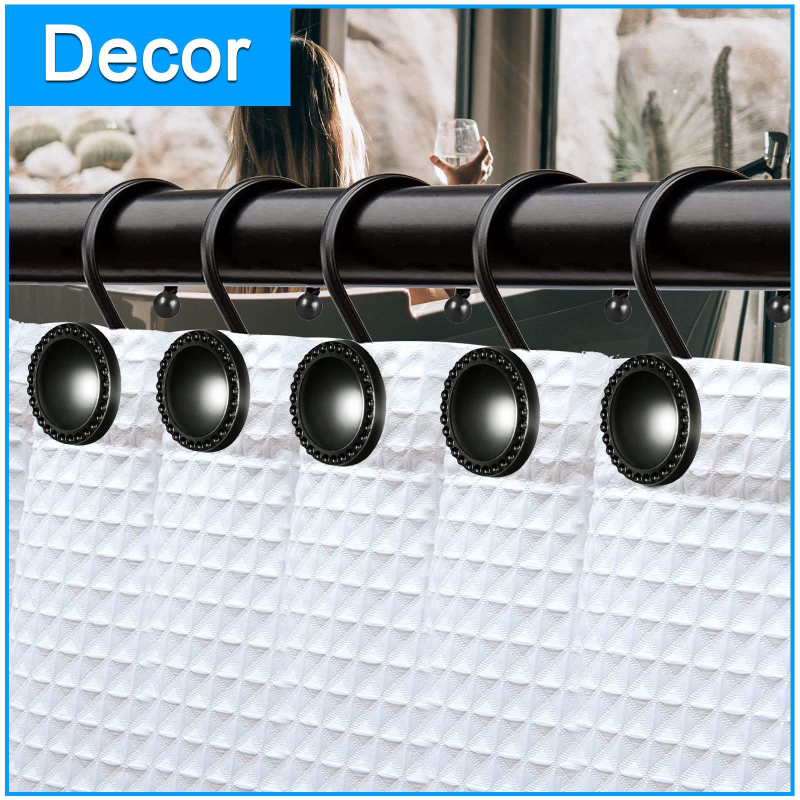 Rustproof Antique Decorative Shower Curtain Rings, Shower Curtain Hooks Oil Rubbed Bronze Pack of 12 for Bathroom Shower Rods Curtains Home (Black)