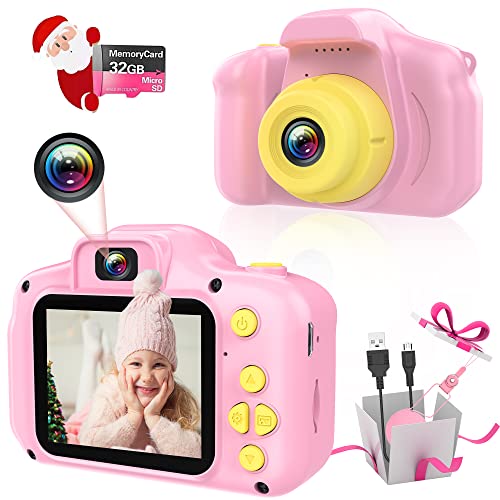 Kids Camera, Wonder Island Kids Digital Camera for Girls Age 3-12, Christmas Birthday Gifts Toys Camera for 3 4 5 6 7 8 Year Old Boy, Selfie Camera Time-Lapse Video Record with 32GB SD Card-Pink