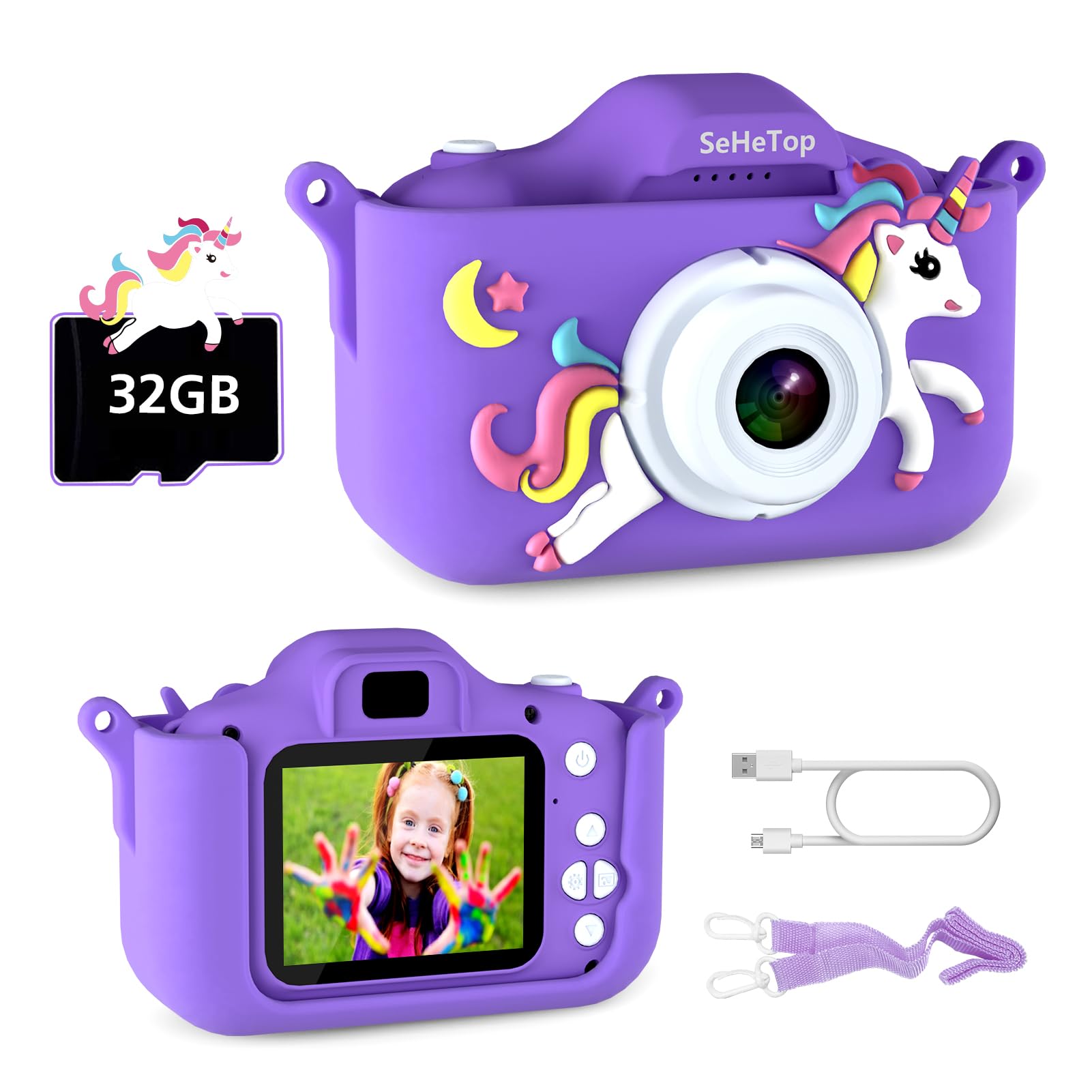 Kids Camera for Girls and Boys, Upgrade HD Digital Camera with Soft Silicone Cover, Toddler Camera Birthday Gifts Toys for Age 3 4 5 6 7 8 9 10 11 12,32GB SD Card,Video Recorder 1080P