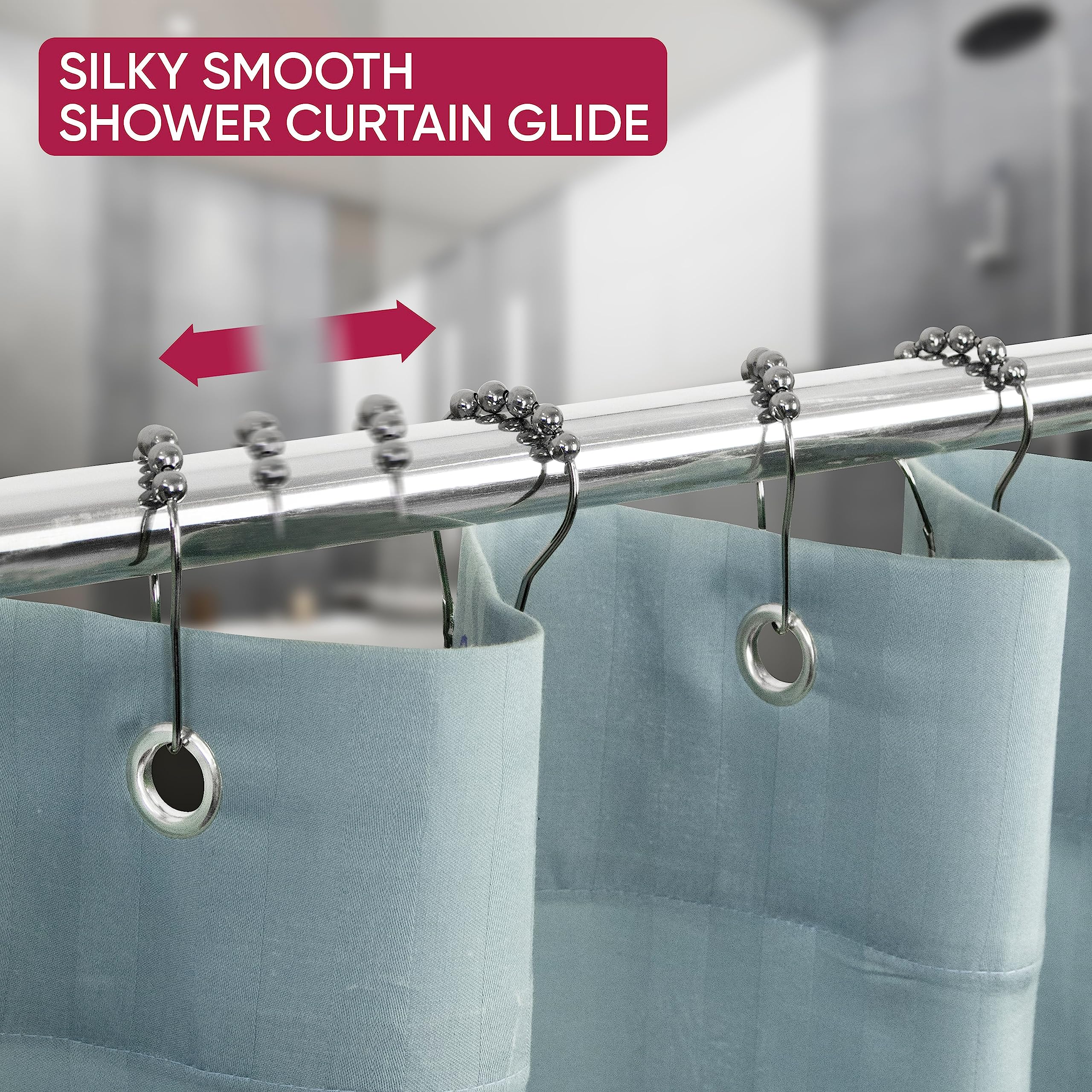 Shower Curtain Hooks Rust Proof (Set of 12) - Stainless Steel Shower Curtain Rings - Anti Slip Roller Balls for Easy Glide (Secure Lock Hooks, Polished Nickel)