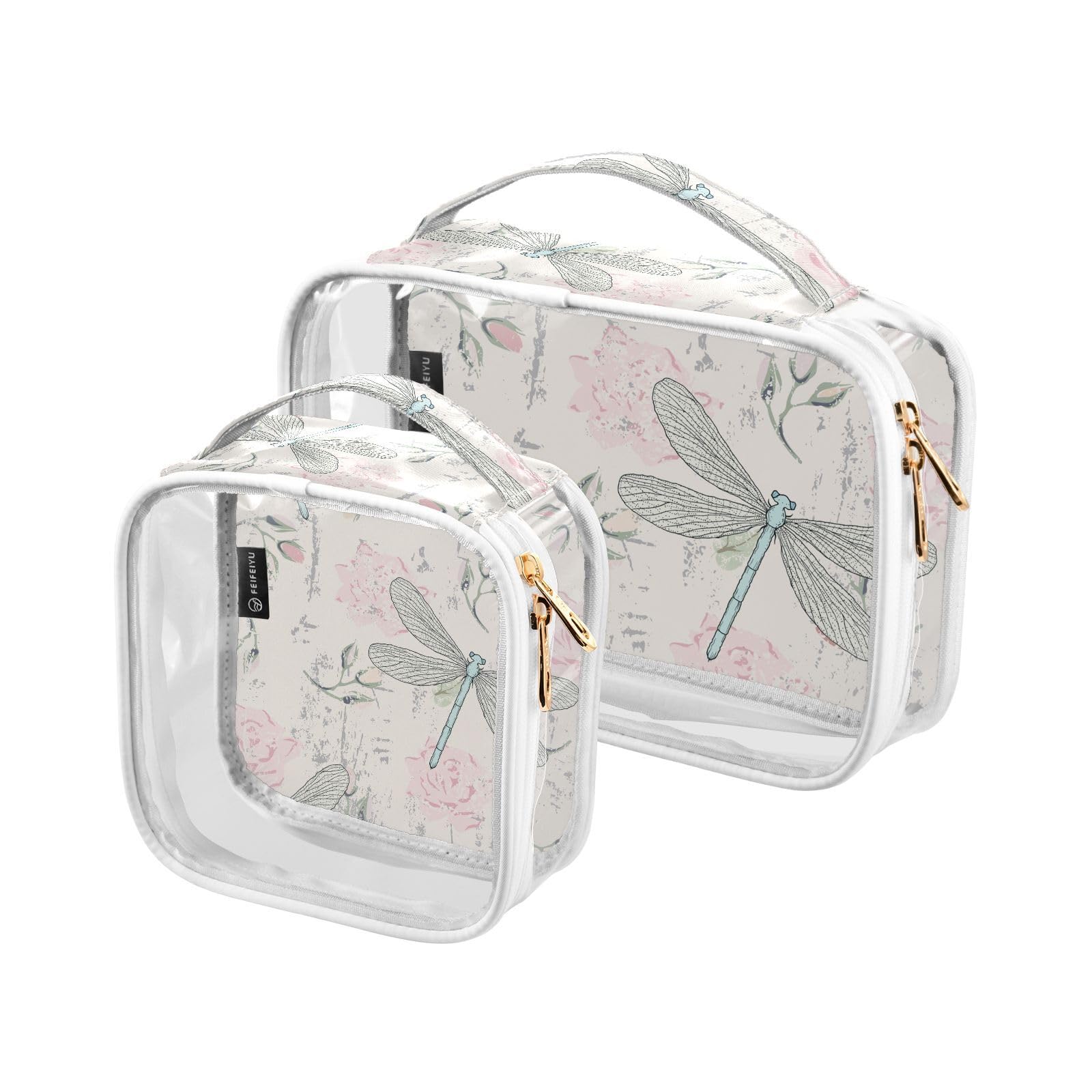 Roses Buds Dragonflies 2 Pieces Clear Makeup Cosmetic Toiletry Bags for Women Men PVC Waterproof Portable Travel Storage Carry Pouch with Gold Zippers Organizer Case for Traveling Bathroom Organizing