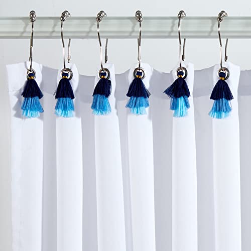 Estmy 12PCS Boho Blue Tassel Shower Curtain Hooks Rings Ombre Bohemian Cute Decorative Shower Rings Hooks for Kids Bathroom Curtain Metal Rust-Proof Bohemian Chic Bathroom Decor Accessories