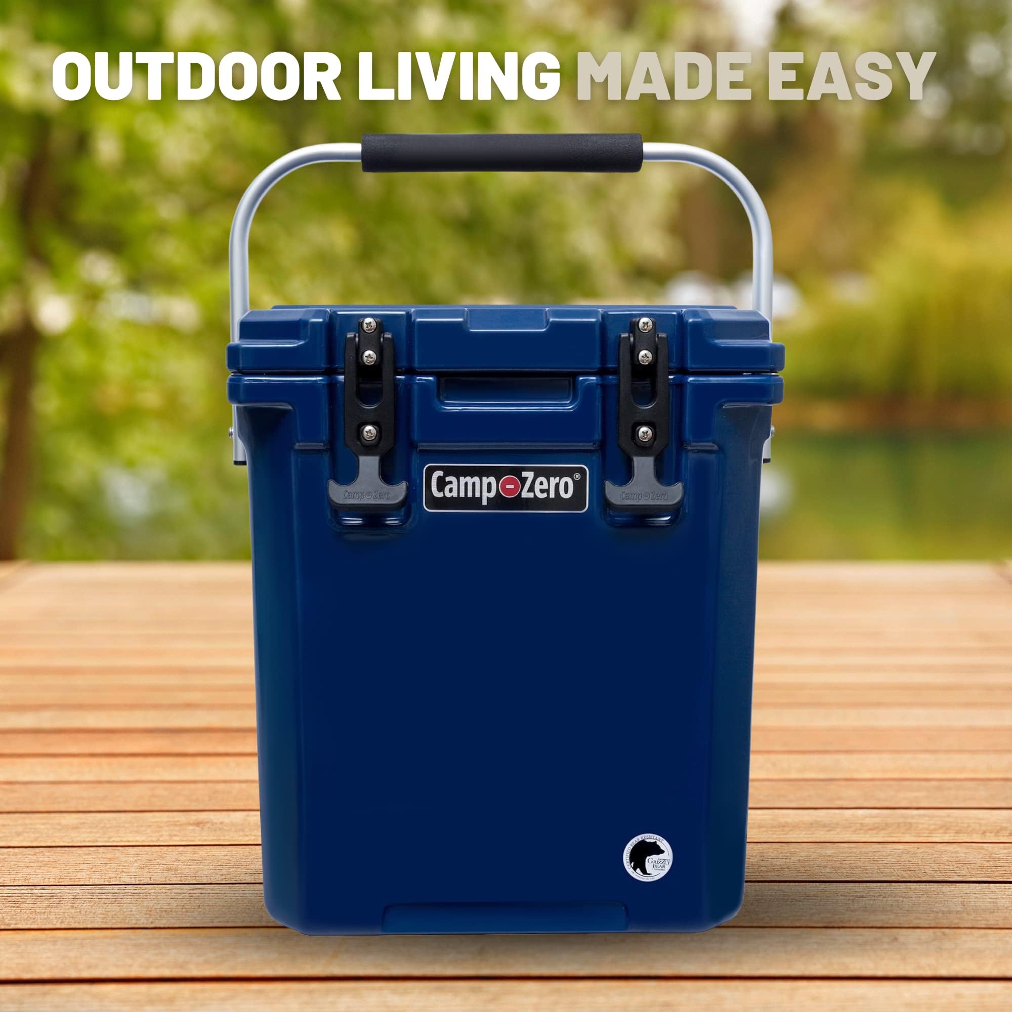 CAMP-ZERO 16L Tall Cooler/Ice Chest with 2 Molded-in Cup Holders & Folding Aluminum Handle | Thick Walled, Freezer Grade Cooler with Secure Locking System & Removable Divider (Navy Blue)