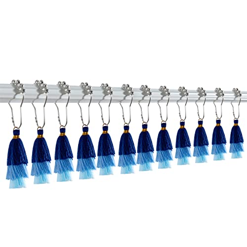 Estmy 12PCS Boho Blue Tassel Shower Curtain Hooks Rings Ombre Bohemian Cute Decorative Shower Rings Hooks for Kids Bathroom Curtain Metal Rust-Proof Bohemian Chic Bathroom Decor Accessories