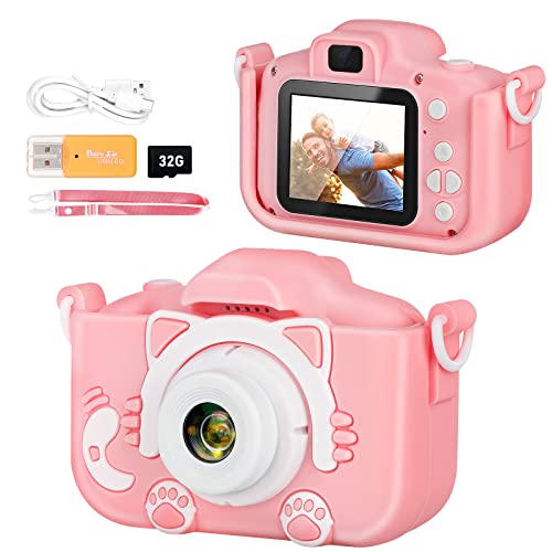Vasttron Camera Toys for Kids 3 4 5 6 7 8 9 10 11 12 Years - Girls Boys Gift Digital Selfie Cameras Toddler Pink/Blue Cute Cat Camcorder Video Game Tools Children Electronics Toy with 32GB SD Card