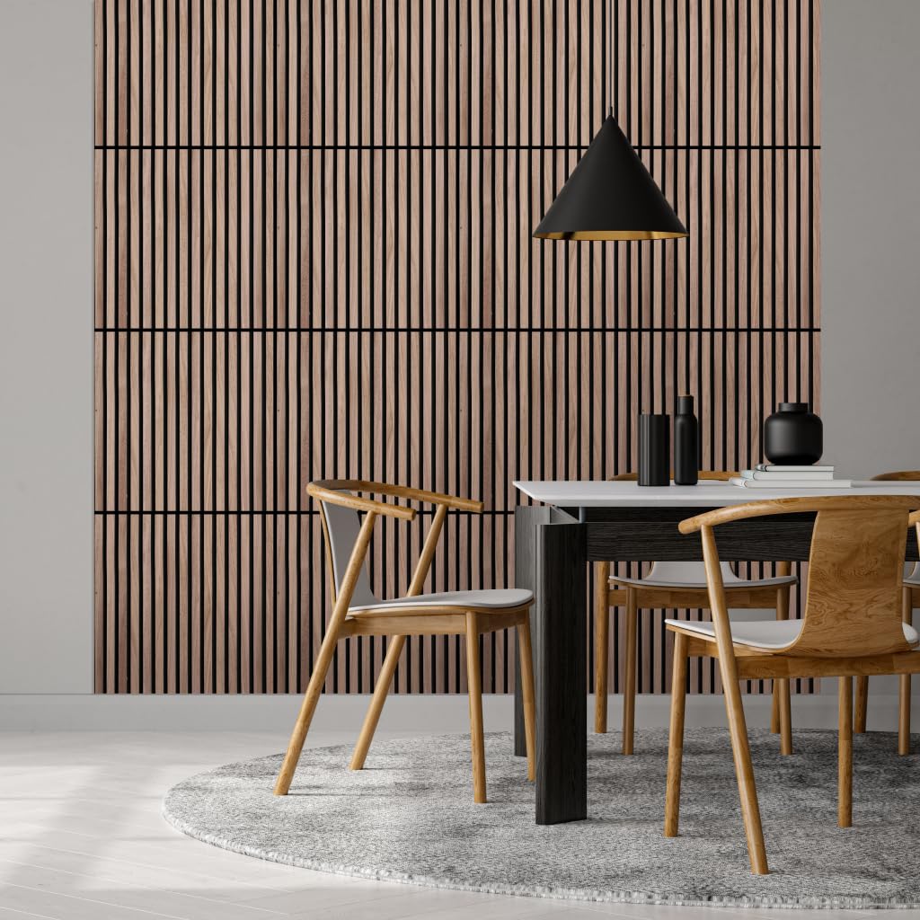 SOOMJ Four Acoustic Wood Wall Veneer Slat Panels - Soundproof Paneling | Wall Panels for Interior Wall Decor | Luxury Wood Veneer Panel | 0.86” Depth (23.62”x 23.62”, Natural Walnut - Wood)