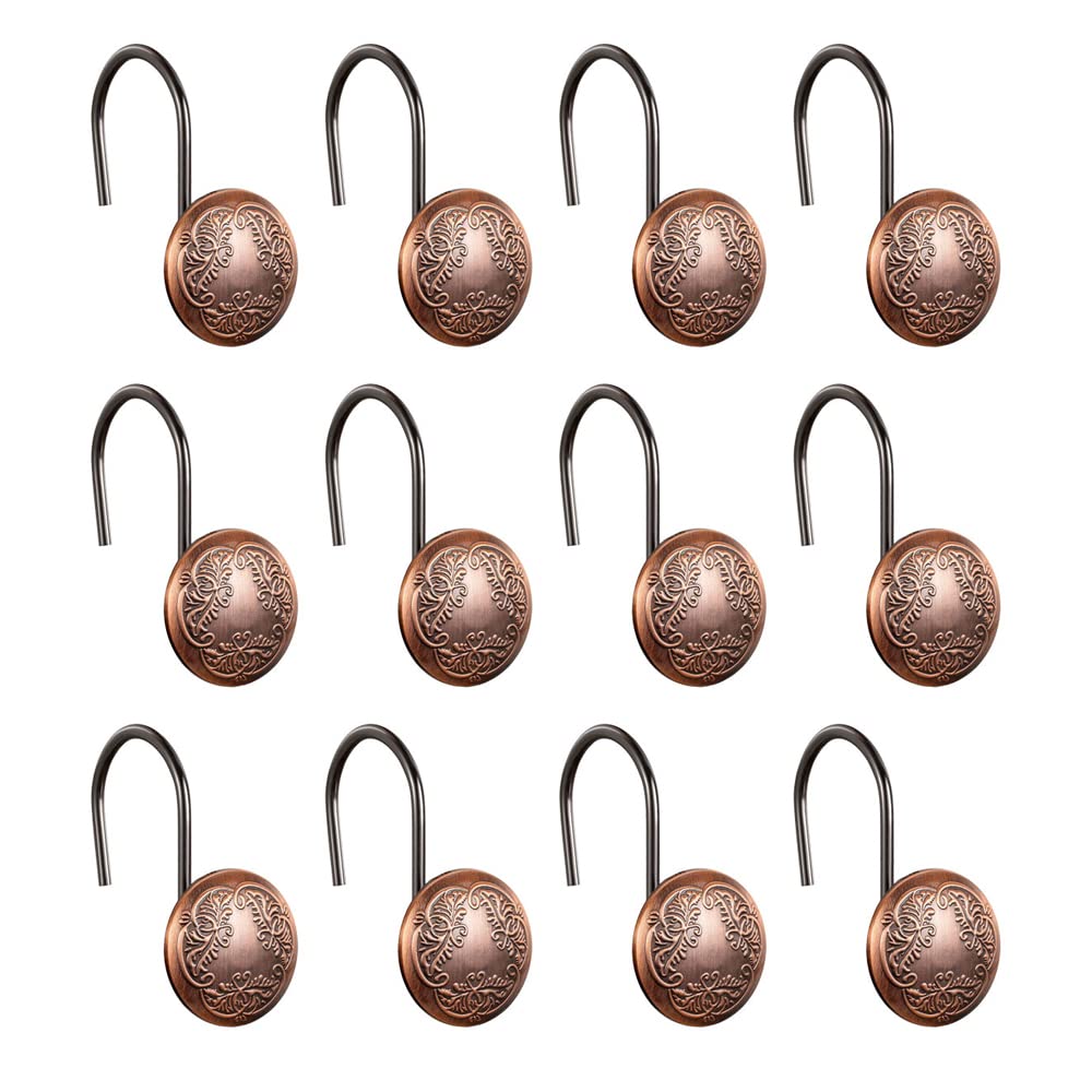Bronze Shower Curtain Rod Ring Hooks, Oil Rubbed Decorative Shower Curtain Hooks,Rustproof Vintage Shower Hooks for Bathroom,Set of 12