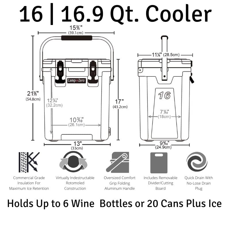 CAMP-ZERO 16L Tall Cooler/Ice Chest with 2 Molded-in Cup Holders & Folding Aluminum Handle | Thick Walled, Freezer Grade Cooler with Secure Locking System & Removable Divider (Navy Blue)