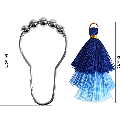 Estmy 12PCS Boho Blue Tassel Shower Curtain Hooks Rings Ombre Bohemian Cute Decorative Shower Rings Hooks for Kids Bathroom Curtain Metal Rust-Proof Bohemian Chic Bathroom Decor Accessories