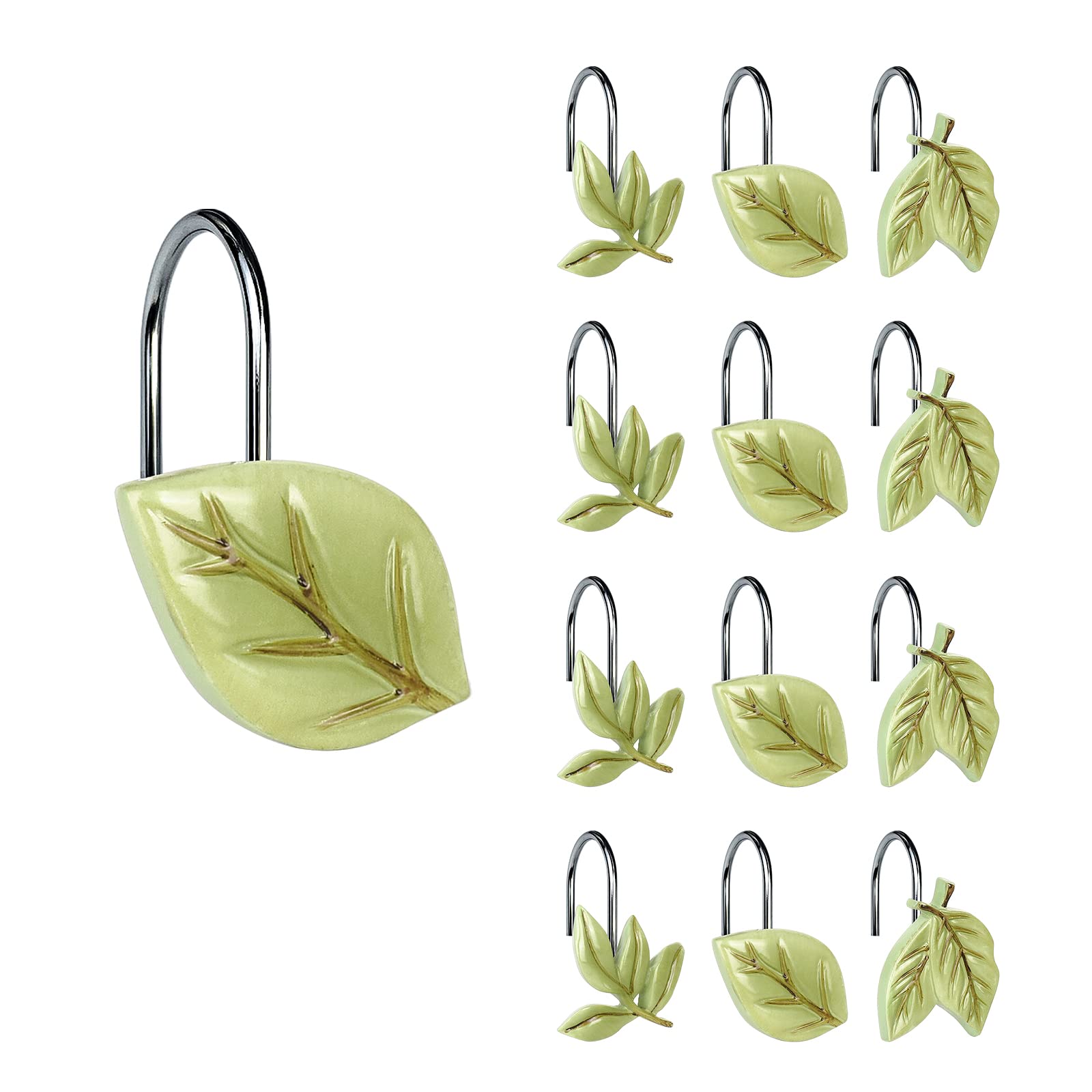 Green Plant Leaves Decorative Shower Curtain Hooks, Tropical Botanical Plam Tree Leaf Shower Curtain Rings for Bathroom, Resin, Cute Shower Curtain Hanger Hooks Bathroom Decor, Set of 12