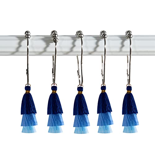 Estmy 12PCS Boho Blue Tassel Shower Curtain Hooks Rings Ombre Bohemian Cute Decorative Shower Rings Hooks for Kids Bathroom Curtain Metal Rust-Proof Bohemian Chic Bathroom Decor Accessories