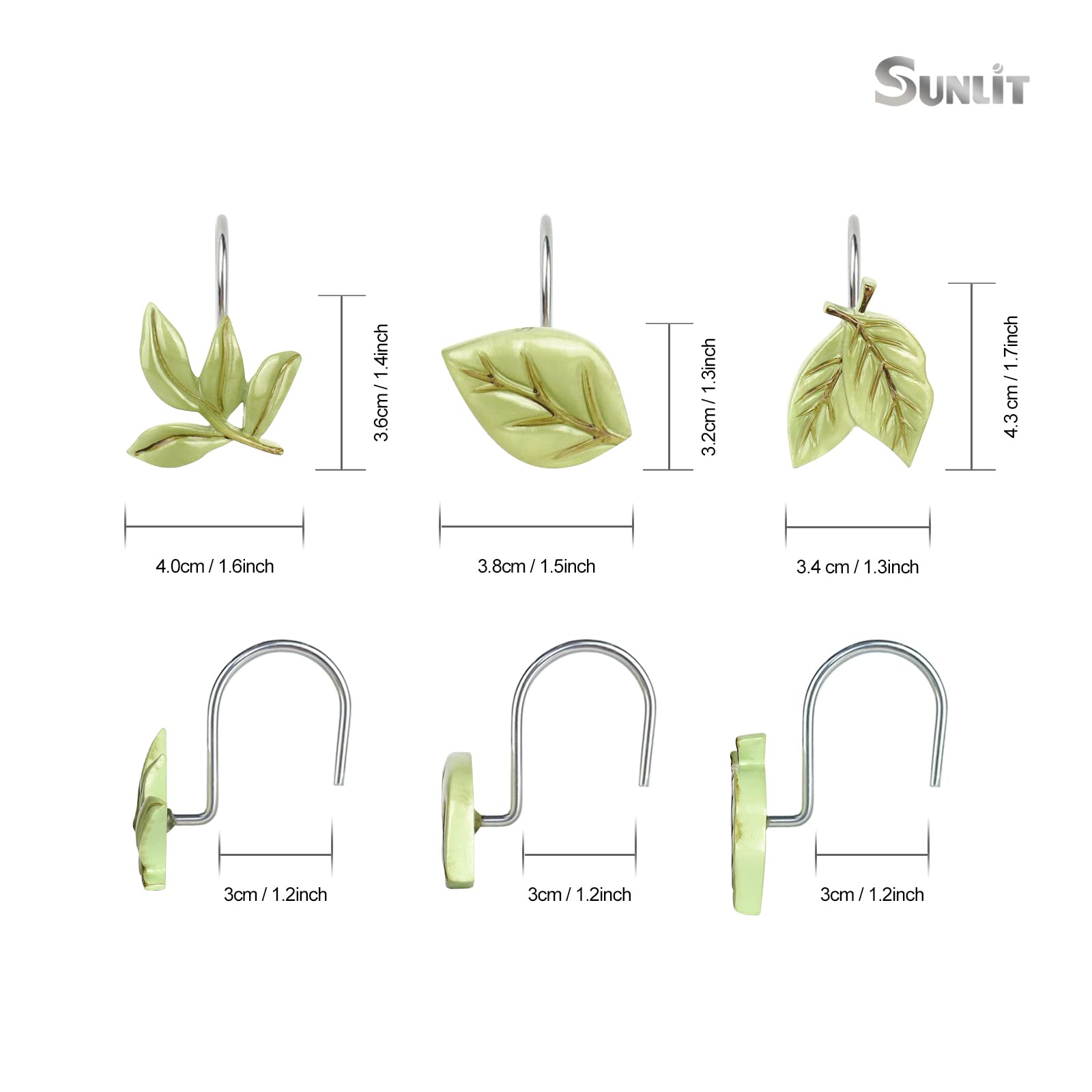 Green Plant Leaves Decorative Shower Curtain Hooks, Tropical Botanical Plam Tree Leaf Shower Curtain Rings for Bathroom, Resin, Cute Shower Curtain Hanger Hooks Bathroom Decor, Set of 12