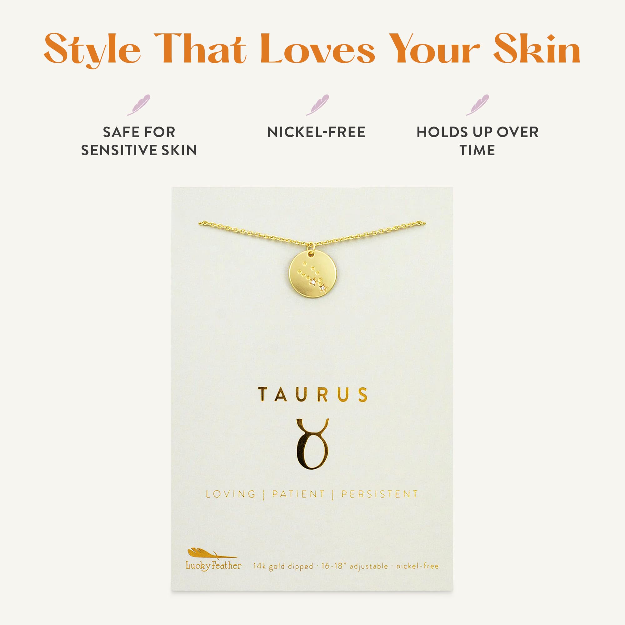 Lucky Feather Taurus Zodiac Sign Constellation Pendant Necklace for Women, 14K Gold-Dipped with Adjustable 16” – 18” Chain