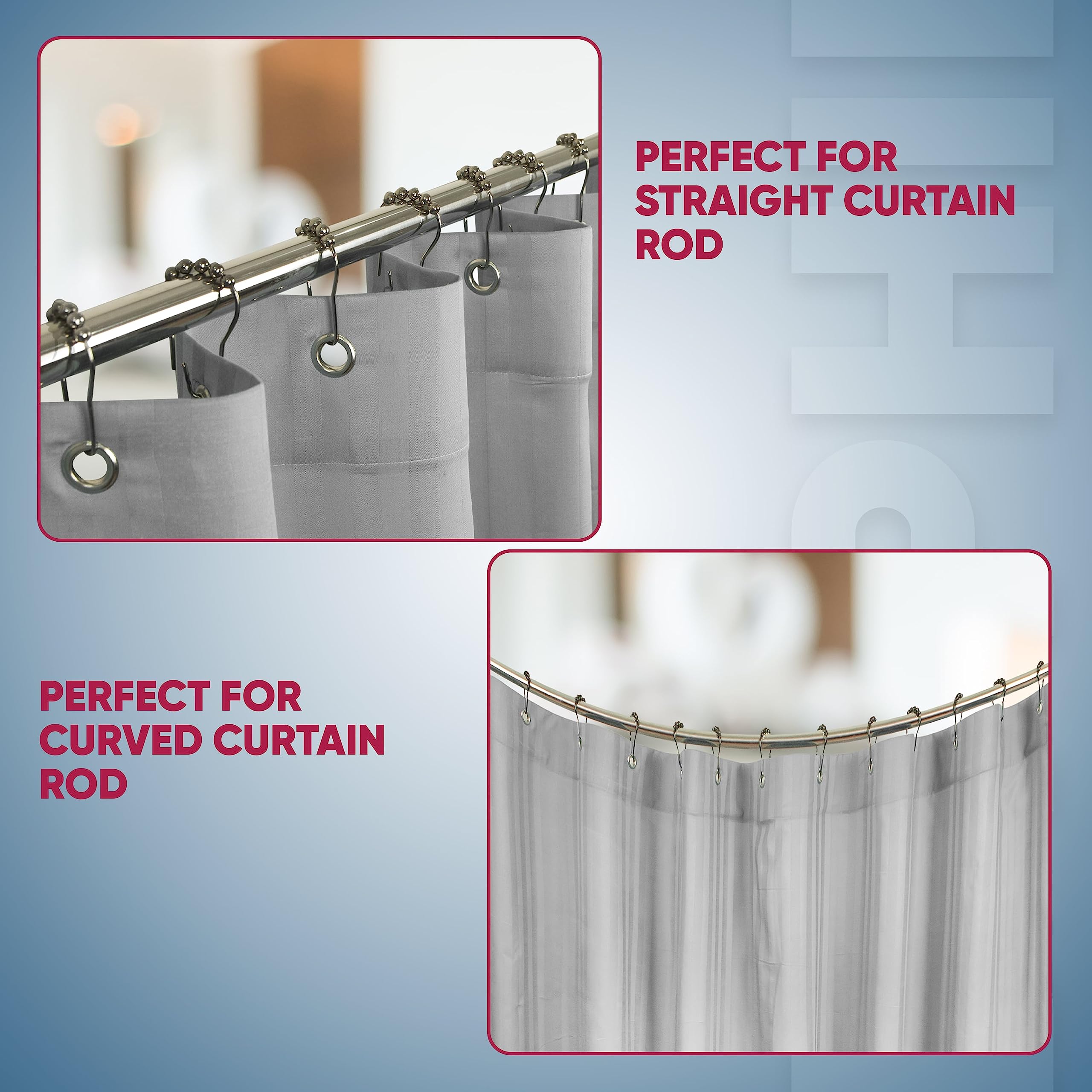 Shower Curtain Hooks Rust Proof (Set of 12) - Stainless Steel Shower Curtain Rings - Anti Slip Roller Balls for Easy Glide (Secure Lock Hooks, Polished Nickel)