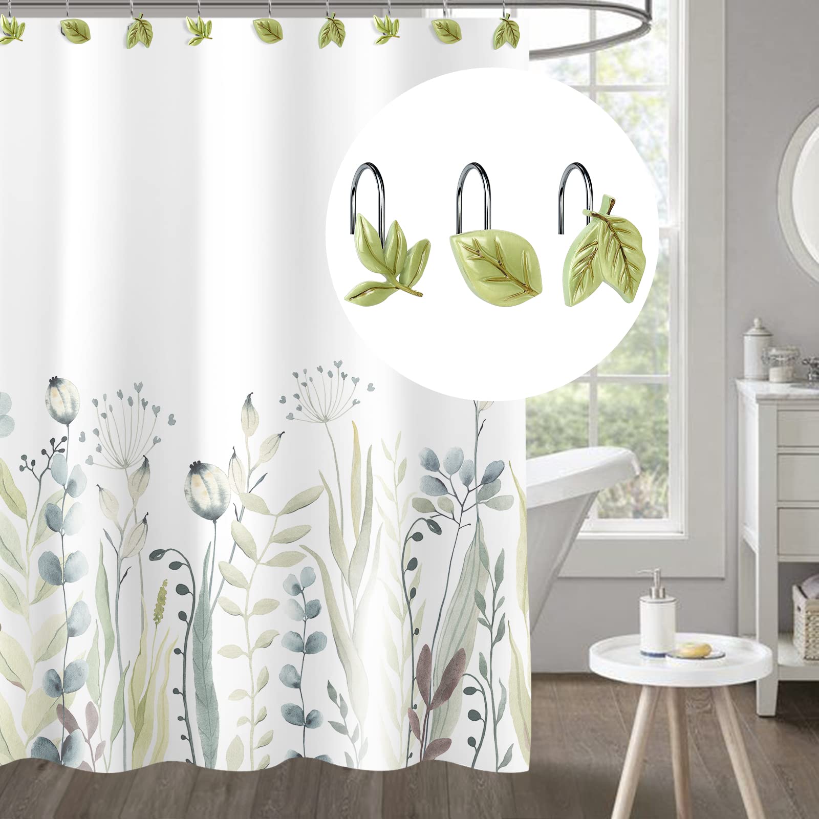 Green Plant Leaves Decorative Shower Curtain Hooks, Tropical Botanical Plam Tree Leaf Shower Curtain Rings for Bathroom, Resin, Cute Shower Curtain Hanger Hooks Bathroom Decor, Set of 12