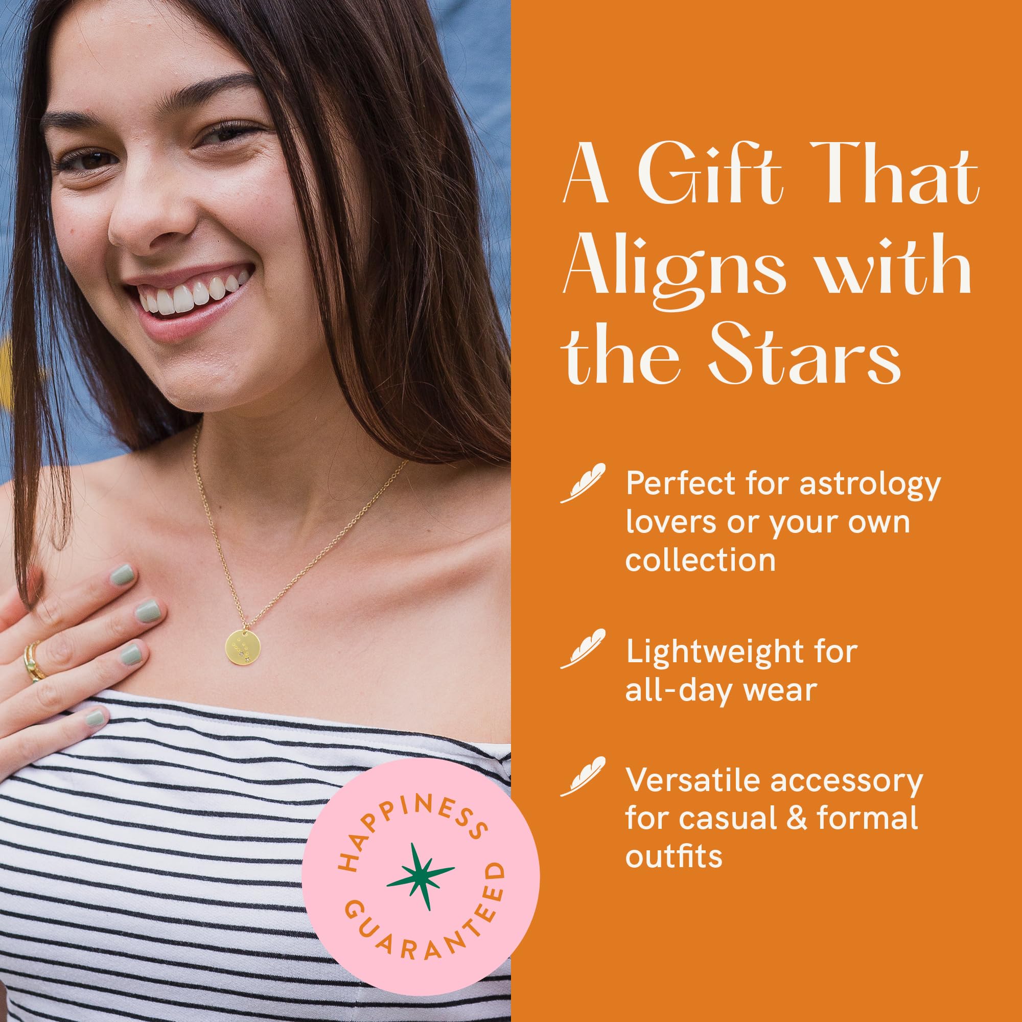 Lucky Feather Taurus Zodiac Sign Constellation Pendant Necklace for Women, 14K Gold-Dipped with Adjustable 16” – 18” Chain