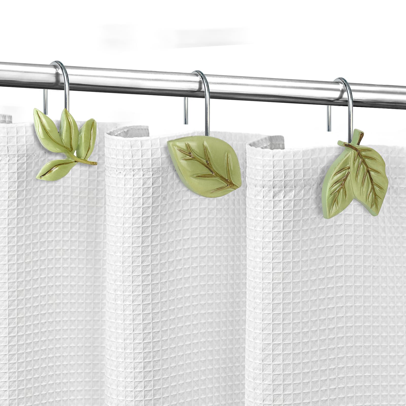 Green Plant Leaves Decorative Shower Curtain Hooks, Tropical Botanical Plam Tree Leaf Shower Curtain Rings for Bathroom, Resin, Cute Shower Curtain Hanger Hooks Bathroom Decor, Set of 12
