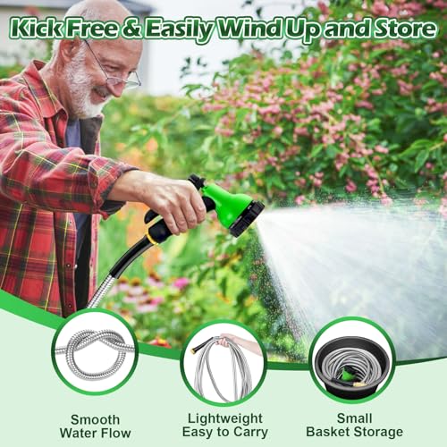 Metal Garden Hose 150ft - Stainless Steel Water Hose with 10 Function Nozzle, No Kinks & No Tangles, Flexible, Lightweight, Puncture-proof Heavy Duty Hose for Yard, RV, Garden, Greenhouse, Flower Beds