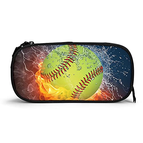 VIRTUALSHELF Fire Baseball Big Capacity Pen Case with Zipper Large Storage Pencil Pouch for Girl Boy Business Office(Black),One Size