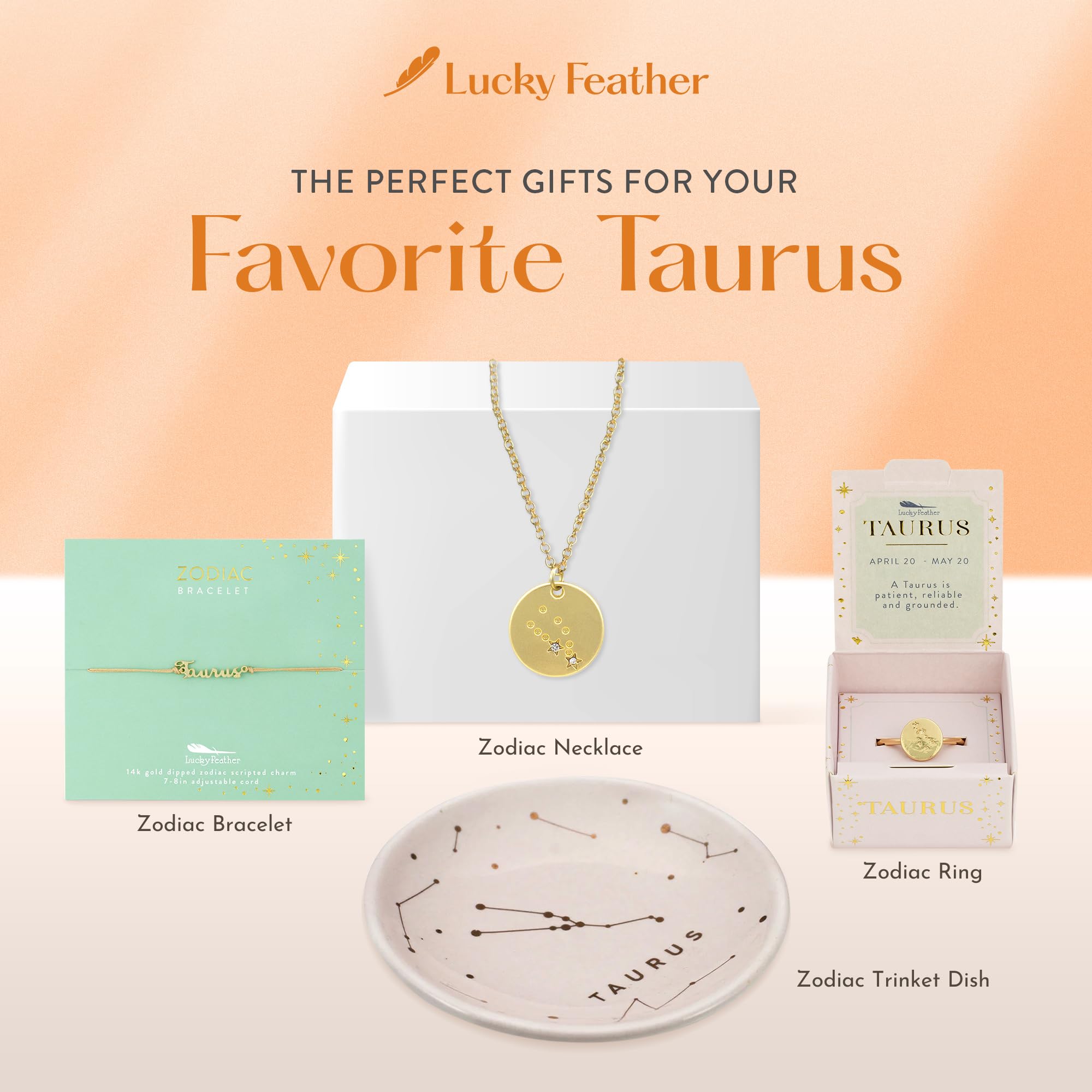 Lucky Feather Taurus Zodiac Sign Constellation Pendant Necklace for Women, 14K Gold-Dipped with Adjustable 16” – 18” Chain