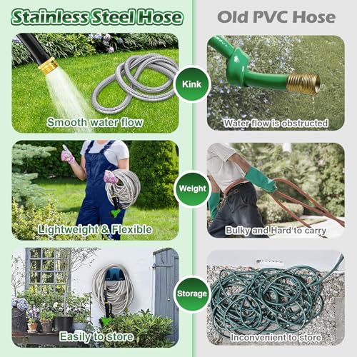 Metal Garden Hose 150ft - Stainless Steel Water Hose with 10 Function Nozzle, No Kinks & No Tangles, Flexible, Lightweight, Puncture-proof Heavy Duty Hose for Yard, RV, Garden, Greenhouse, Flower Beds