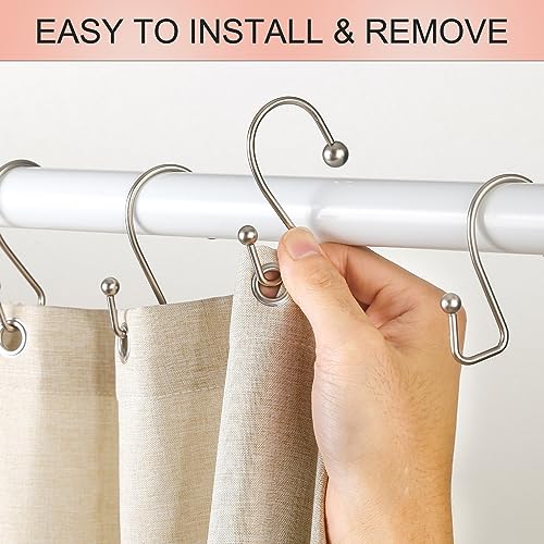 OEH Shower Curtain Hooks, 12 Pcs Shower Curtain Rings, Anti-Fall Metal Nickel Shower Curtain Hooks, S-Shaped Rust Proof Shower Curtain Hooks Rings for Shower Curtain, Bathroom, Matte Nickel