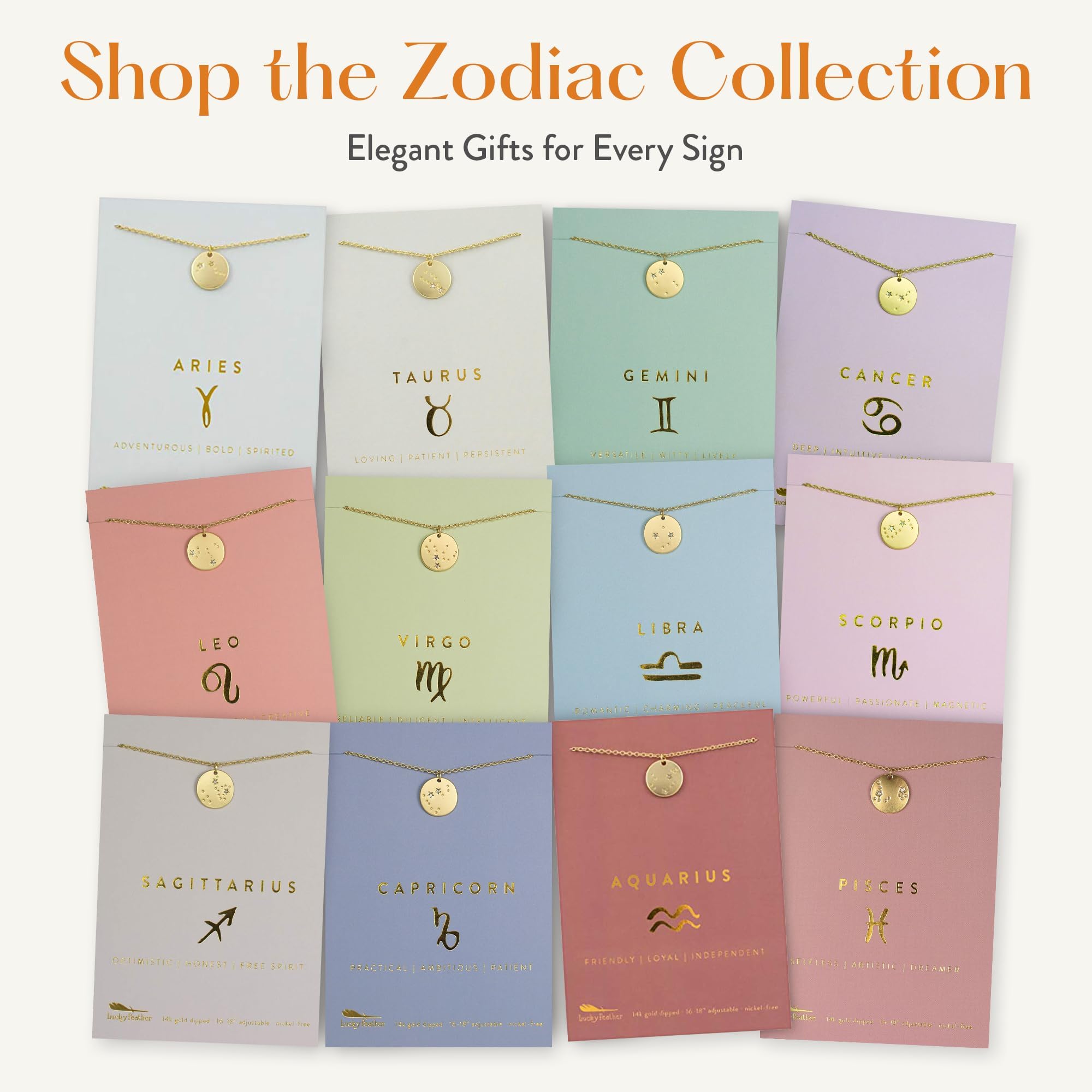 Lucky Feather Taurus Zodiac Sign Constellation Pendant Necklace for Women, 14K Gold-Dipped with Adjustable 16” – 18” Chain