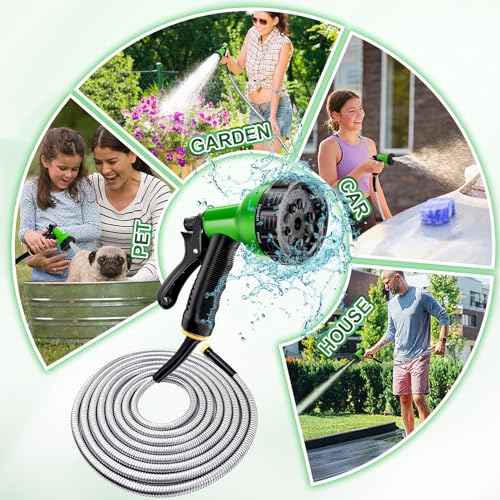 Metal Garden Hose 150ft - Stainless Steel Water Hose with 10 Function Nozzle, No Kinks & No Tangles, Flexible, Lightweight, Puncture-proof Heavy Duty Hose for Yard, RV, Garden, Greenhouse, Flower Beds