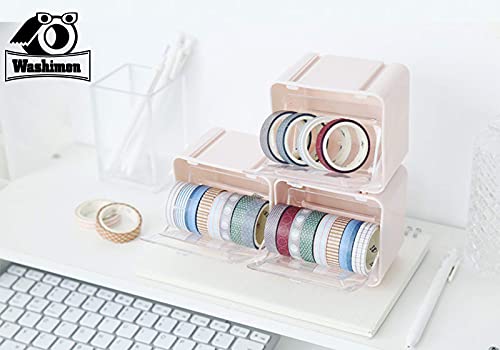 Washimon Washi Tape Organizer - Stackable Plastic Storage Box - Clear Art Supply Holder (Pink 4pcs)