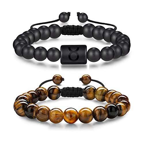 Zodiac Taurus Gifts Bracelets for Men Women, Mens Taurus Gifts Natural Tiger Eye & Matte Agate Stone Zodiac Beaded Bracelets Constellation Horoscope Jewelry Taurus Gifts Bracelets for Men Women