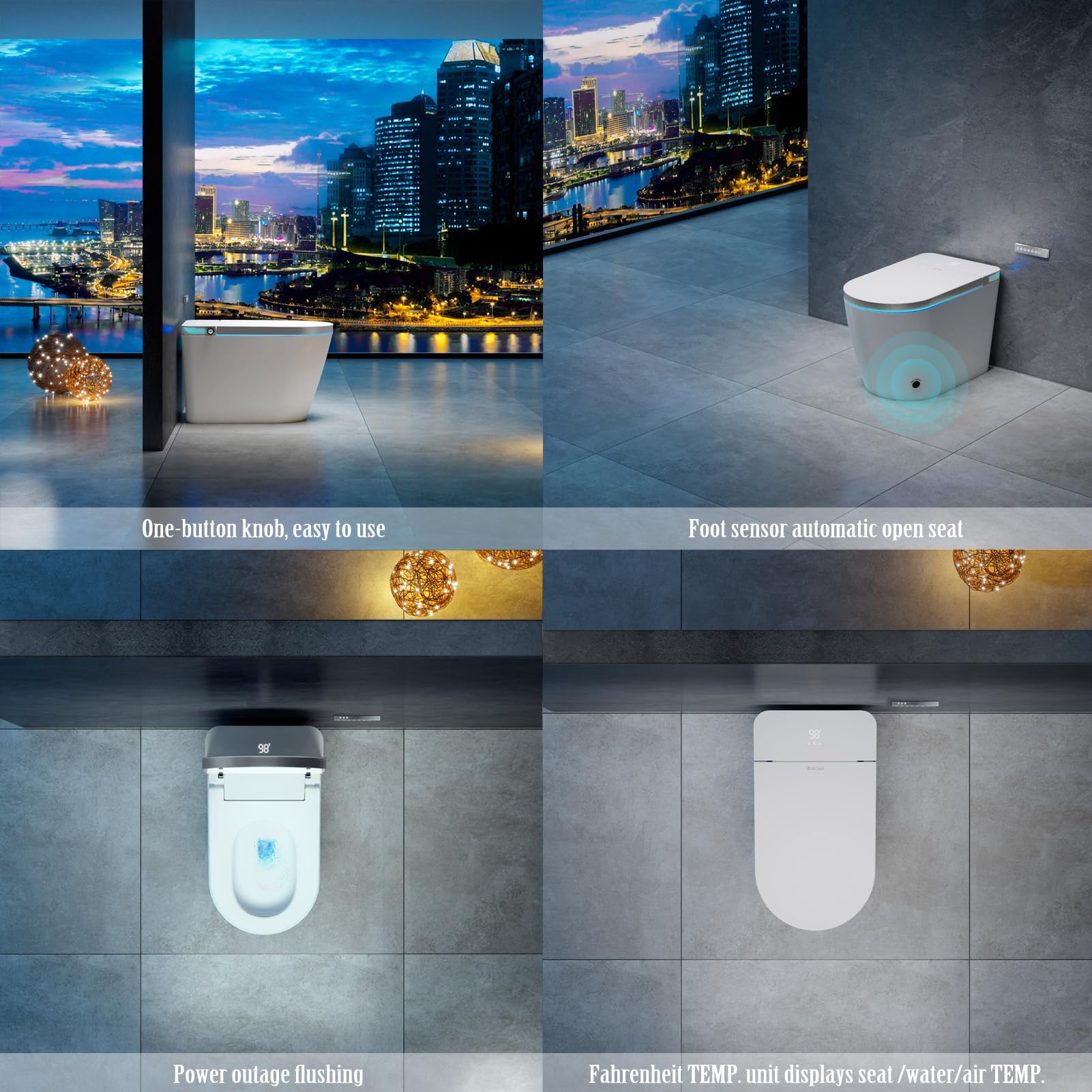 BONSAM Smart Toilet with Auto Open/Close Lid, Modern Tankless Toilet with Bidet Built In, One Piece Toilet with Auto Deodorization, Foot Sensor Operation, Remote Control