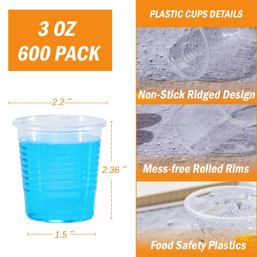 SIUQ 600 Pack 3 oz Clear Plastic Cups, Disposable Bathroom Mouthwash Cups, Small Plastic Drinking Cups for Ice Tea, Tasting, Party, Picnic, BBQ, Travel and Event