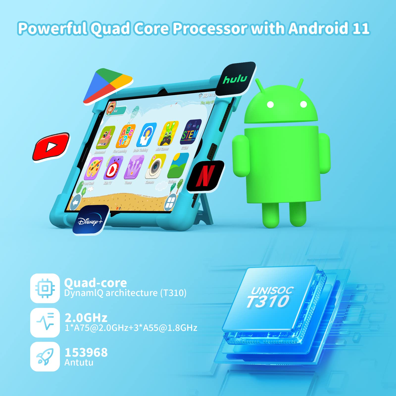 Headwolf Kids Tablet, Android Tablet for Kids 3GB RAM 64GB ROM Toddler Tablet with Case, Unisoc T310 Quad Core 8 Inch Tablet with Parental Control, Kids Software Pre-Installed, Dual Camera, WiFi, GPS