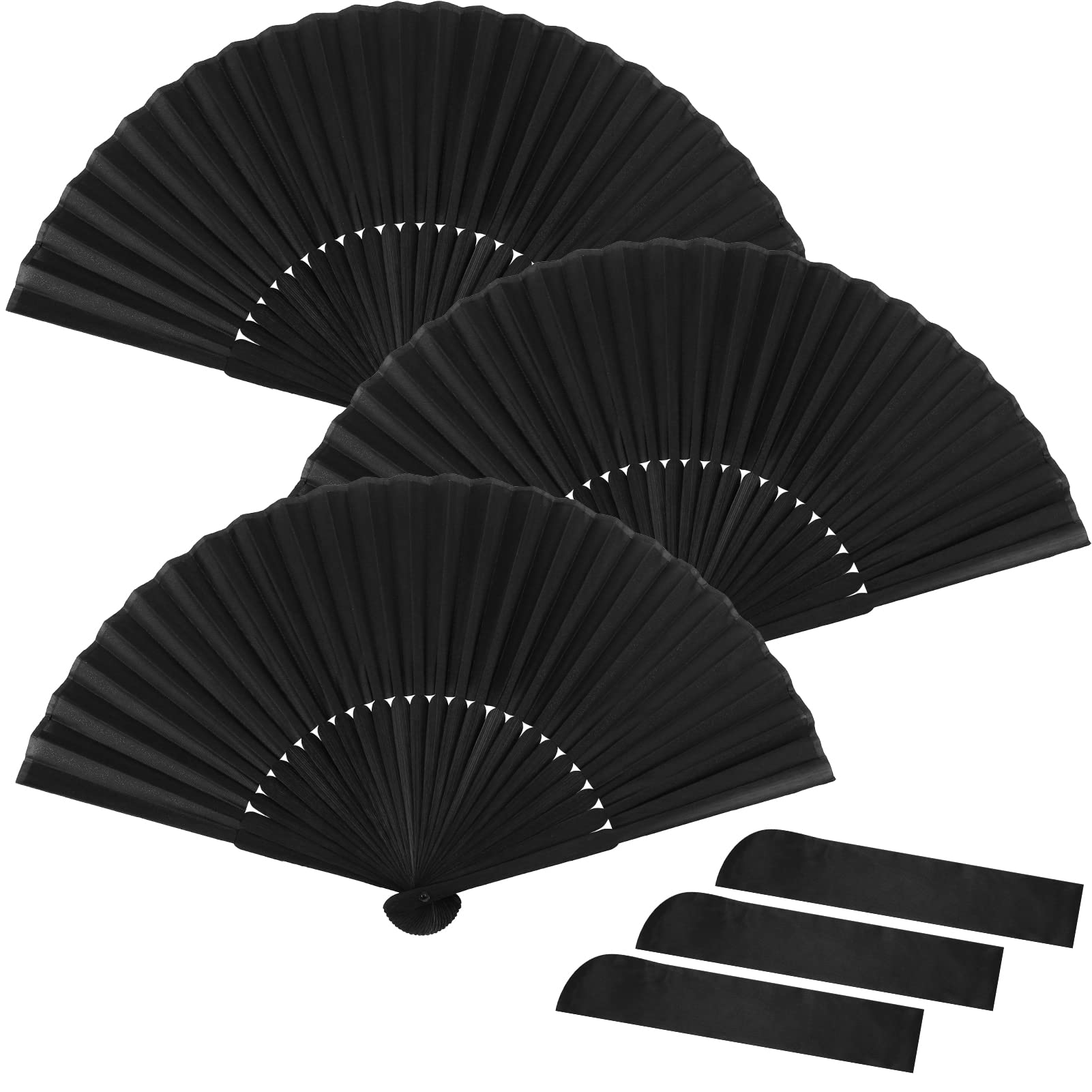 Jspupifip 3 Pack Silk Fabric Folding Hand Fans Classic Style Bamboo Ribs Hand Held Fan Chinese Vintage Handheld for Women Ladys Girls Wedding,Party and Gift(Black)