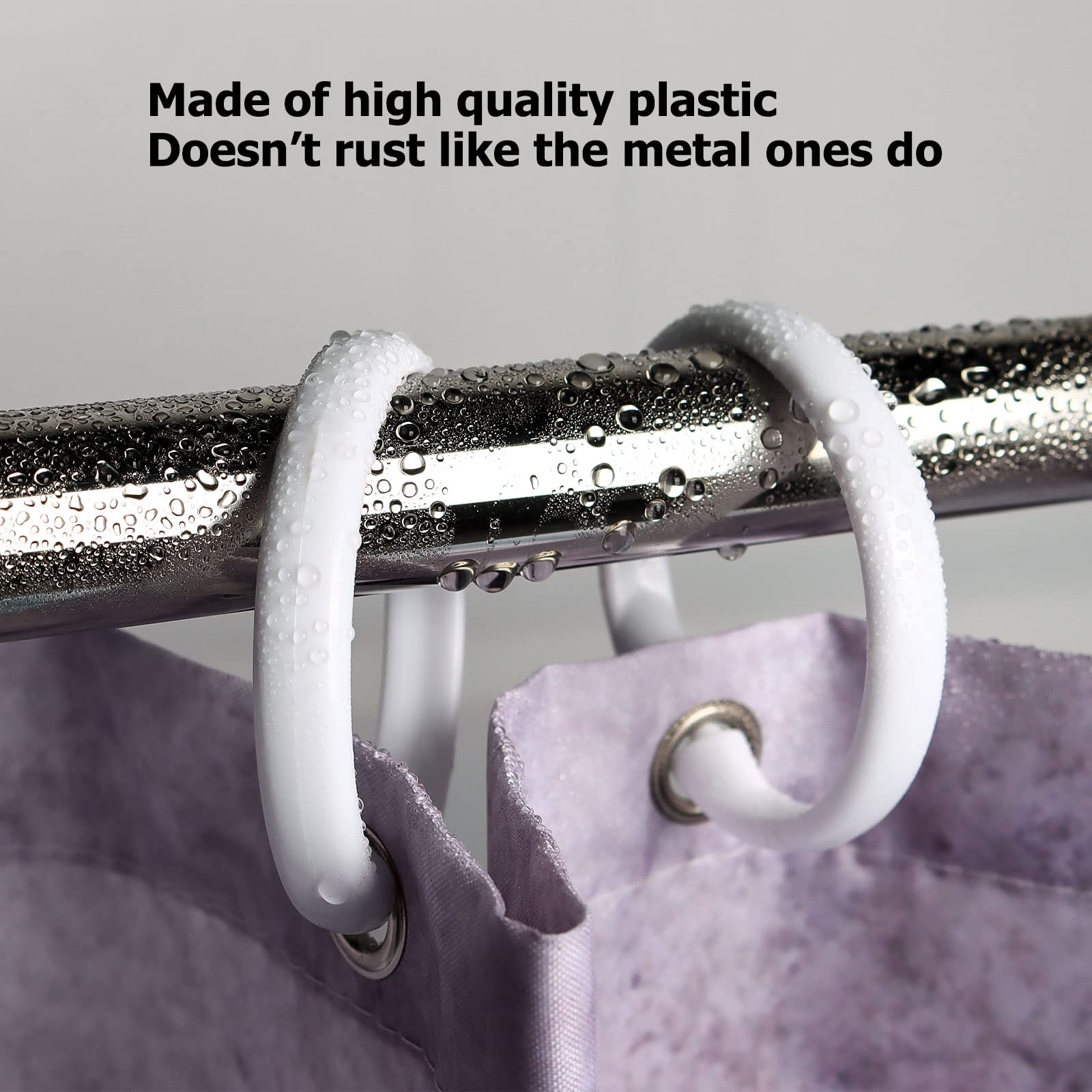 White Shower Curtain Hooks Rings, 12pcs Plastic Rust Proof Shower Curtain Hooks, Round Curtain O Rings Hook Hanger for Bathroom Shower Window Rod