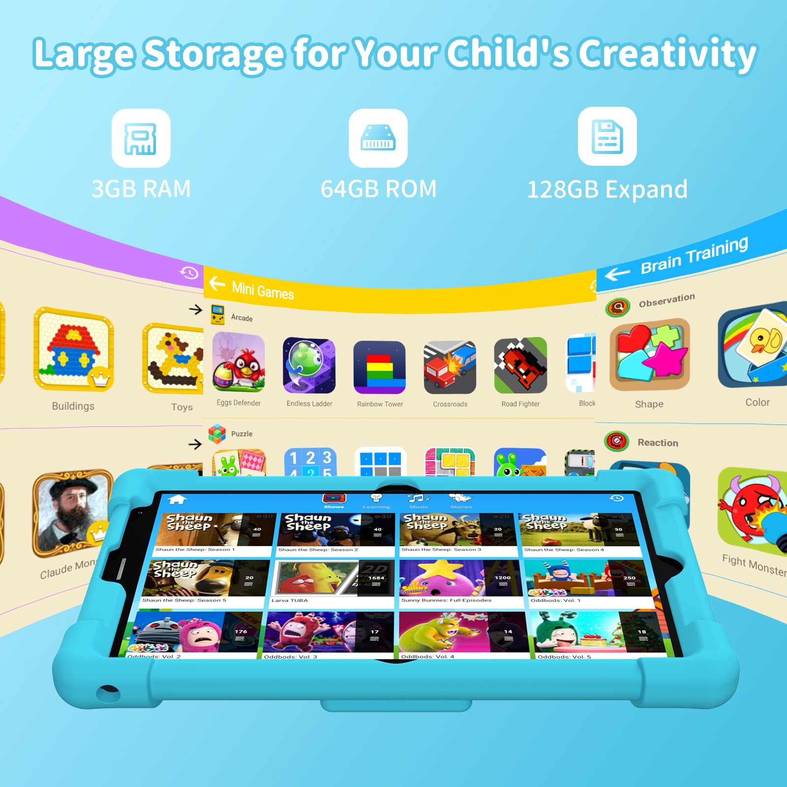 Headwolf Kids Tablet, Android Tablet for Kids 3GB RAM 64GB ROM Toddler Tablet with Case, Unisoc T310 Quad Core 8 Inch Tablet with Parental Control, Kids Software Pre-Installed, Dual Camera, WiFi, GPS
