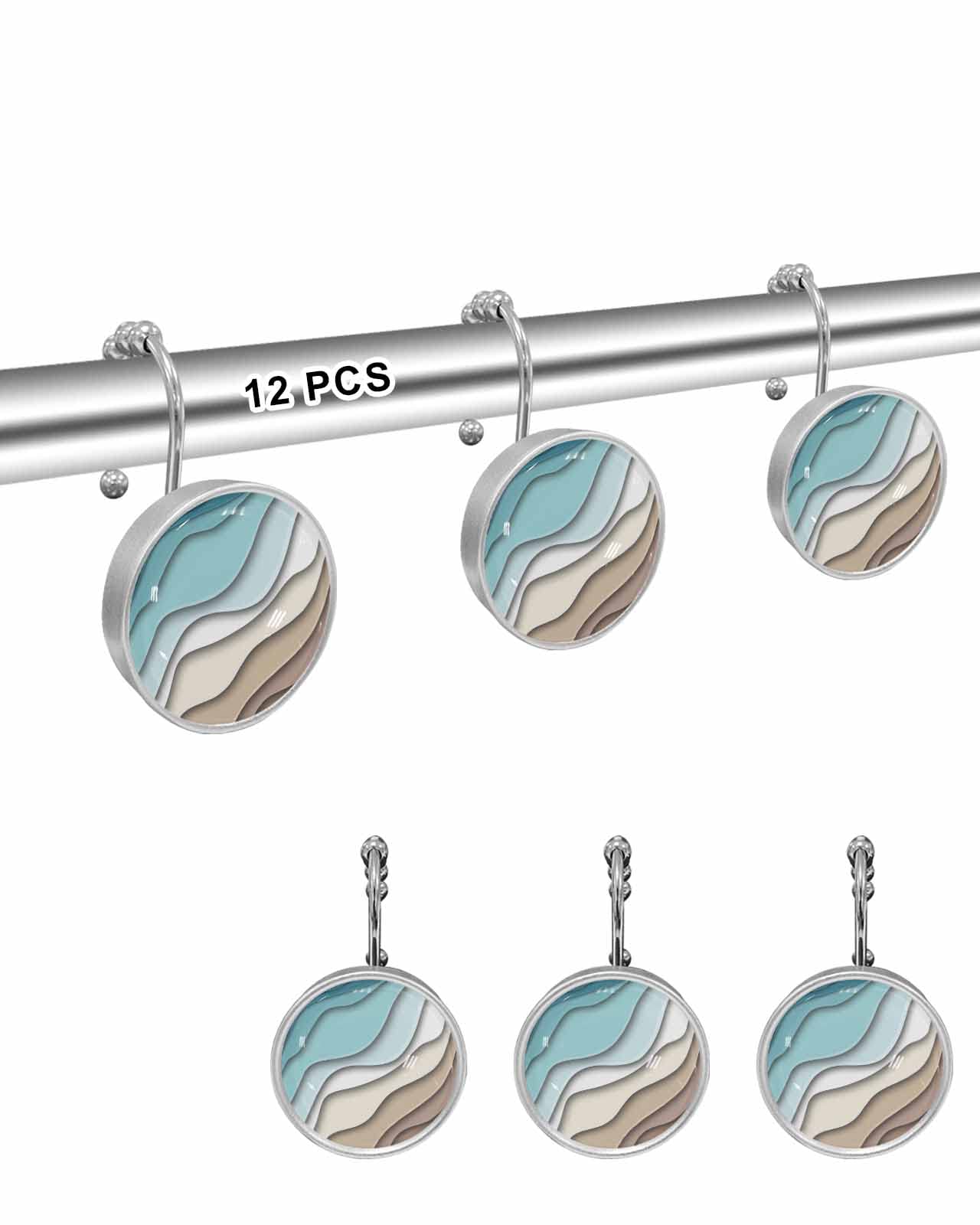 Turquoise Brown Cream Shower Curtain Hooks, Beach Geometric Gradient Striped Teal Decorative Shower Curtain Hooks for Bathroom Abstract Modern Stainless Steel Rustproof Shower Curtain Rings Set of 12