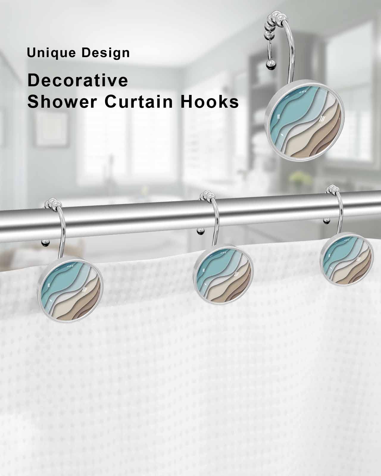 Turquoise Brown Cream Shower Curtain Hooks, Beach Geometric Gradient Striped Teal Decorative Shower Curtain Hooks for Bathroom Abstract Modern Stainless Steel Rustproof Shower Curtain Rings Set of 12