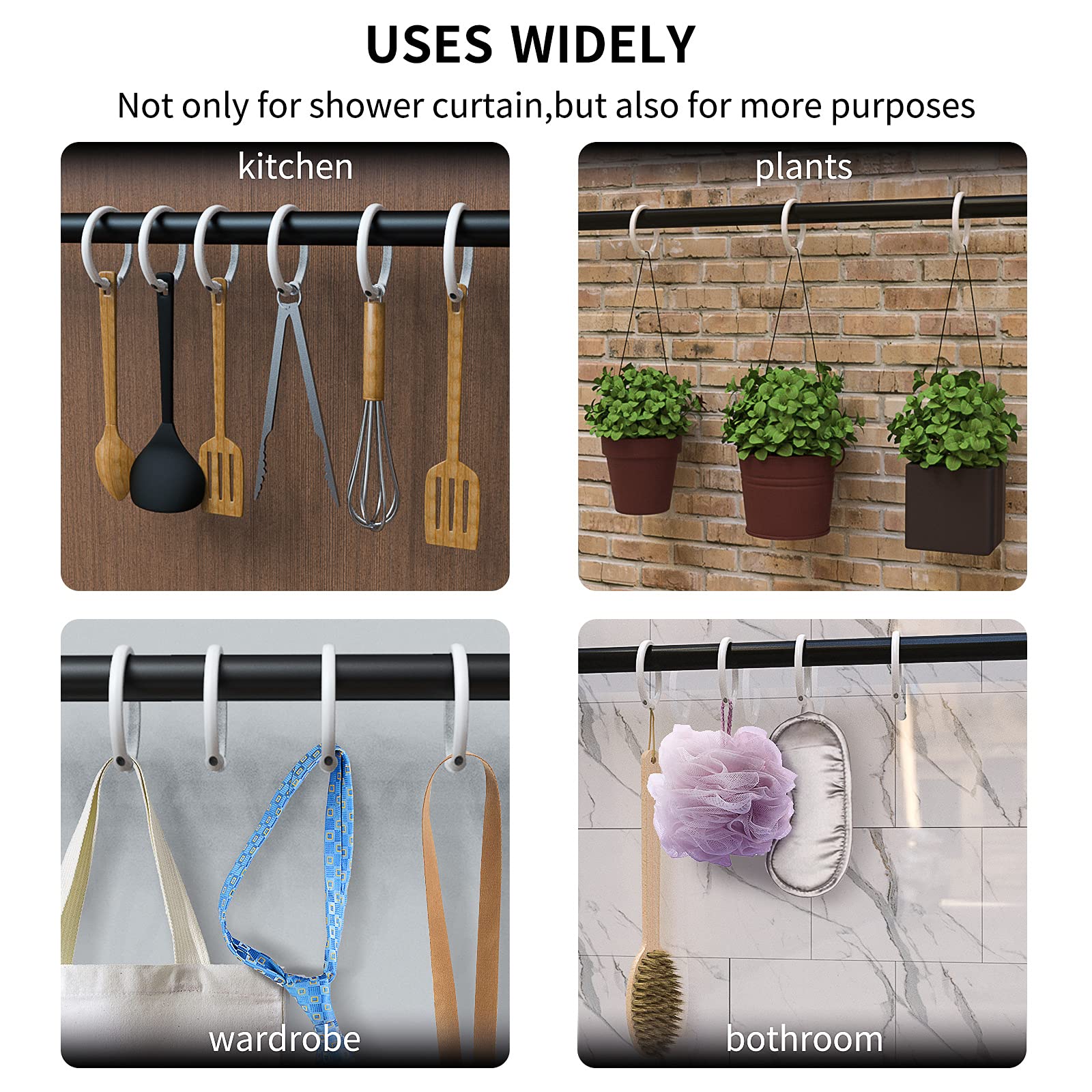 White Shower Curtain Hooks Rings, 12pcs Plastic Rust Proof Shower Curtain Hooks, Round Curtain O Rings Hook Hanger for Bathroom Shower Window Rod