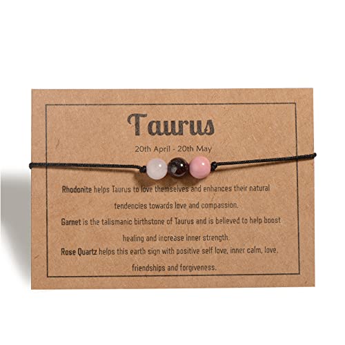 VLINRAS Zodiac Taurus Bracelets Taurus Gifts for Women Men, 6mm Natural Stone Horoscope Bracelets Healing Crystals Zodiac Sign Gifts
