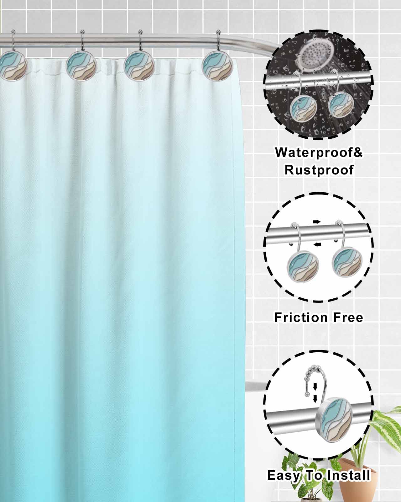 Turquoise Brown Cream Shower Curtain Hooks, Beach Geometric Gradient Striped Teal Decorative Shower Curtain Hooks for Bathroom Abstract Modern Stainless Steel Rustproof Shower Curtain Rings Set of 12