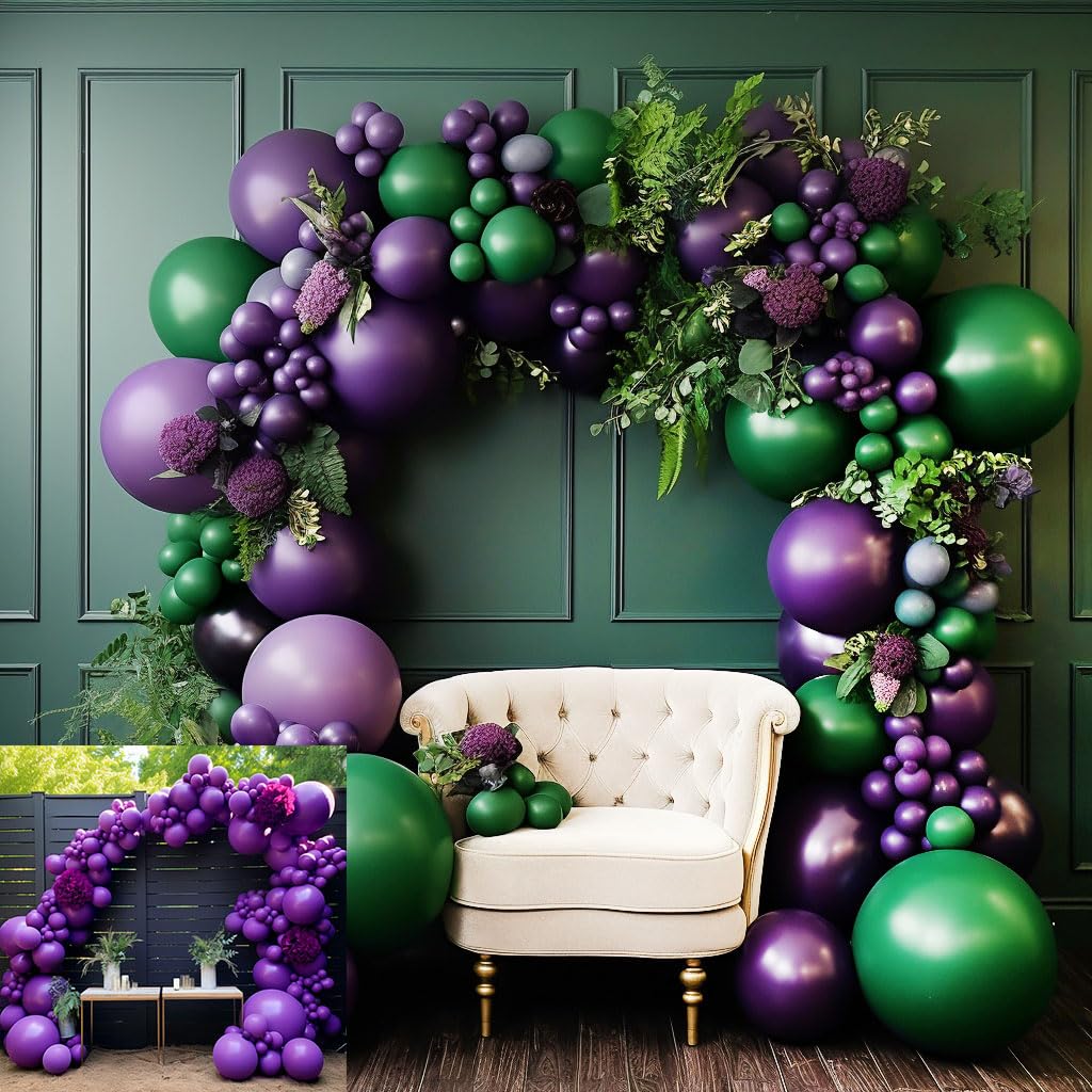 Purple Green Balloons Garland Double Stuffed Dark Green Purple Balloons Different Sizes Latex Purple Green Balloon Deep Purple Balloon Arch Kit for Birthday Baby Shower Christmas Wedding Party Decorat
