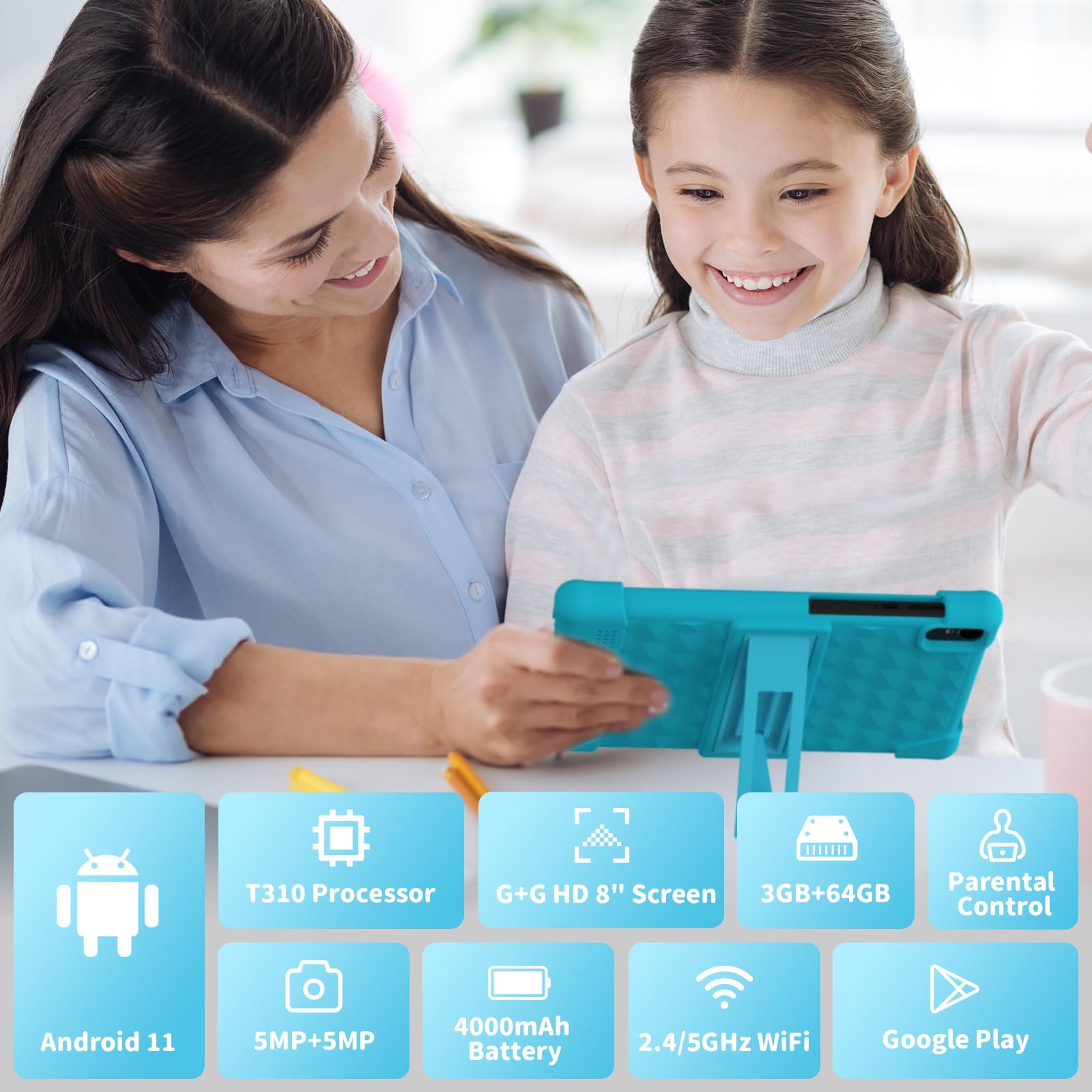 Headwolf Kids Tablet, Android Tablet for Kids 3GB RAM 64GB ROM Toddler Tablet with Case, Unisoc T310 Quad Core 8 Inch Tablet with Parental Control, Kids Software Pre-Installed, Dual Camera, WiFi, GPS