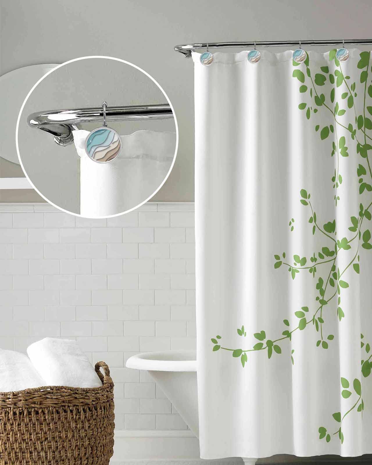 Turquoise Brown Cream Shower Curtain Hooks, Beach Geometric Gradient Striped Teal Decorative Shower Curtain Hooks for Bathroom Abstract Modern Stainless Steel Rustproof Shower Curtain Rings Set of 12
