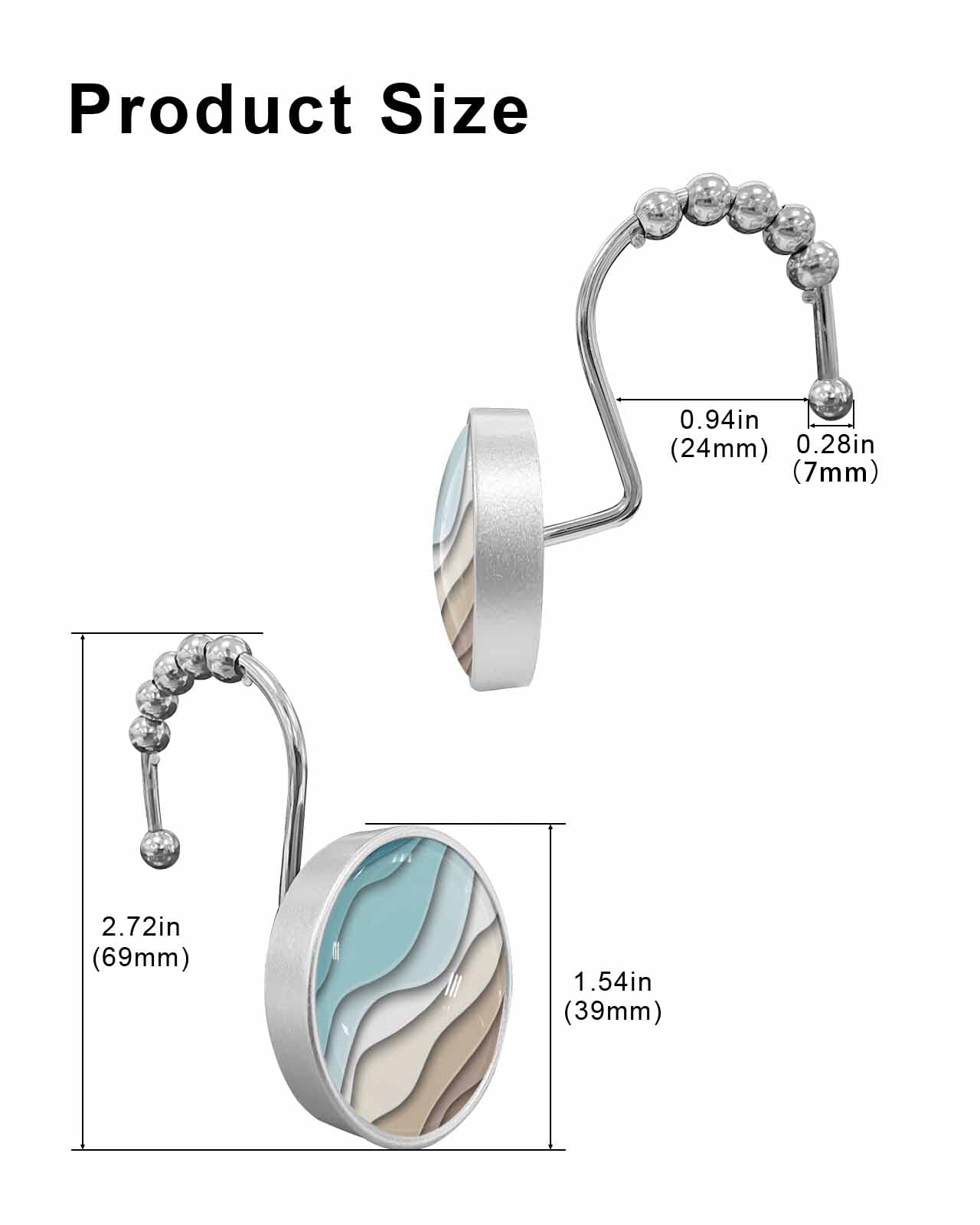 Turquoise Brown Cream Shower Curtain Hooks, Beach Geometric Gradient Striped Teal Decorative Shower Curtain Hooks for Bathroom Abstract Modern Stainless Steel Rustproof Shower Curtain Rings Set of 12