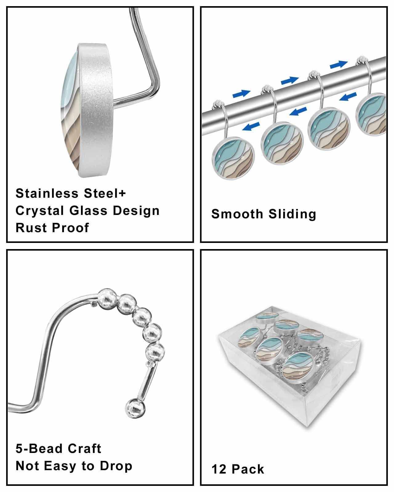 Turquoise Brown Cream Shower Curtain Hooks, Beach Geometric Gradient Striped Teal Decorative Shower Curtain Hooks for Bathroom Abstract Modern Stainless Steel Rustproof Shower Curtain Rings Set of 12