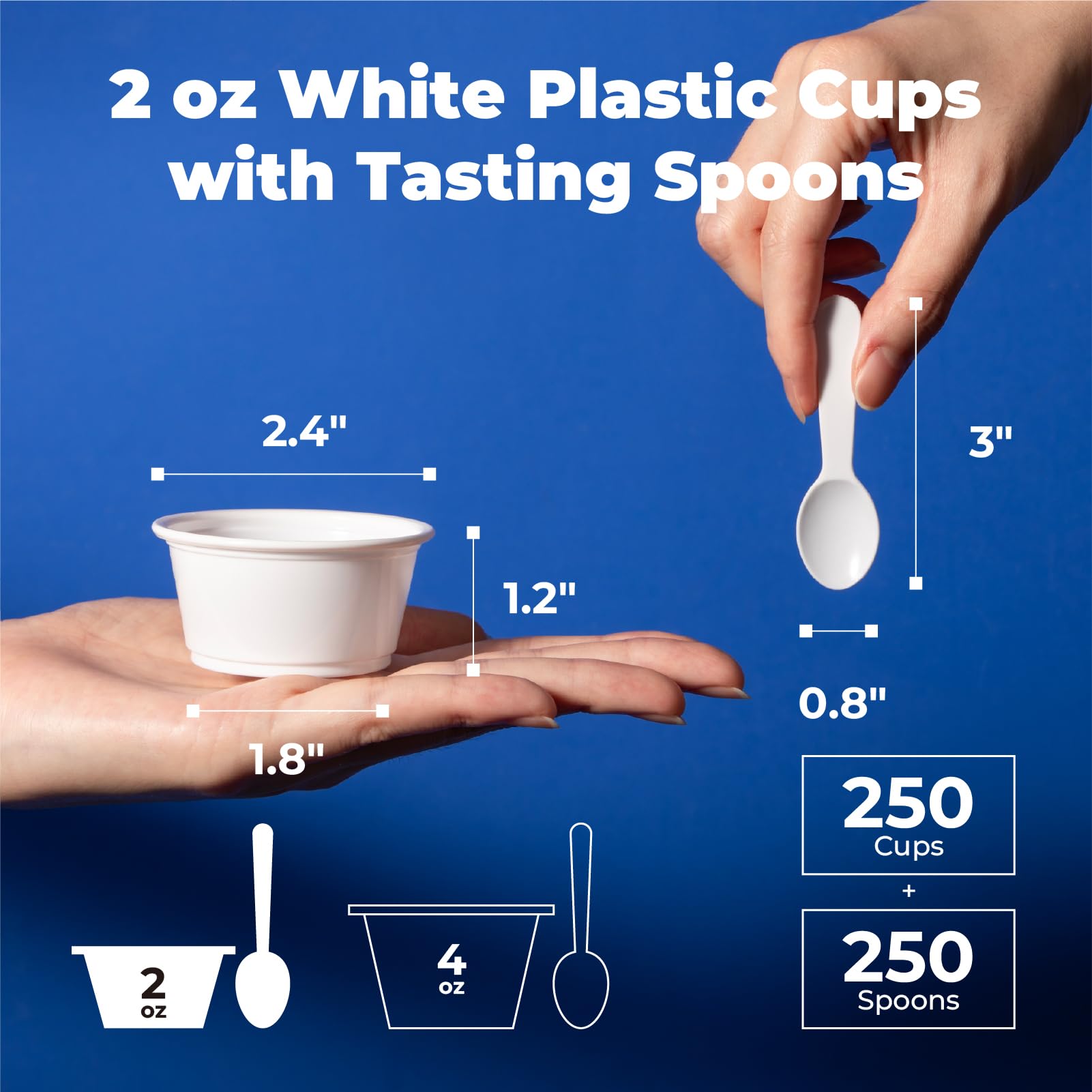 Fit Meal Prep 250 Pack 2 oz White Disposable Plastic Cups and 3 Inch Tasting Spoons - Portion Food Samplers for Restaurants Catering Party Appetizers Souffle Dressings Ice Cream Desserts