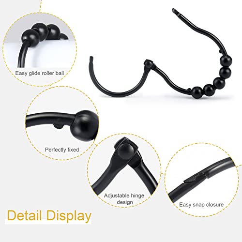 Shower Curtain Rings, SUTINE Shower Curtain Hooks, Wide Snap Shower Curtain Hooks Rust Proof, Anti-Fall Metal Shower Hooks for Shower Curtain, Glide Smoothly Shower Rings for Curtain, Black,12Pcs